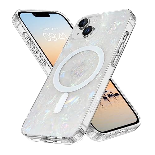 YINLAI Case for iPhone 14 / iPhone 13 [Compatible with MagSafe] Magnetic Slim Glitter Bling Sparkly Pearl Mother-of-Pearl Seashell Women Girly Soft Shockproof Protective Phone Cover 6.1 Inch, White