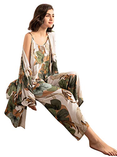 WDIRARA Women's 3 pcs Sleepwear Leaf Print Cami and Pants Pajama Set with Robe Multicolor M