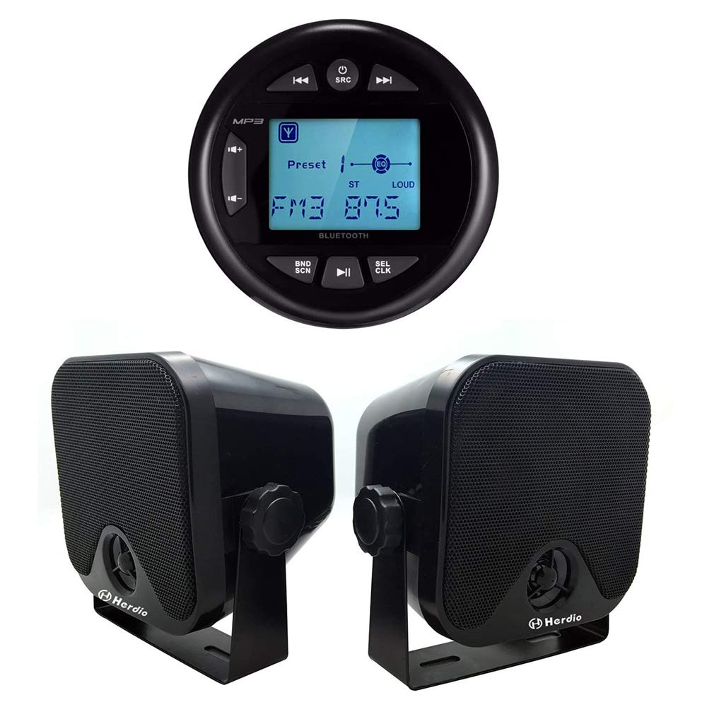 Herdio Marine Radio Compatible Mp3/USB/AM/FM Weather-Proof UTV & Marine Bluetooth Stereo Radio + 4 Inches 100W Marine Surface Mount Box Speakers(A Pair)