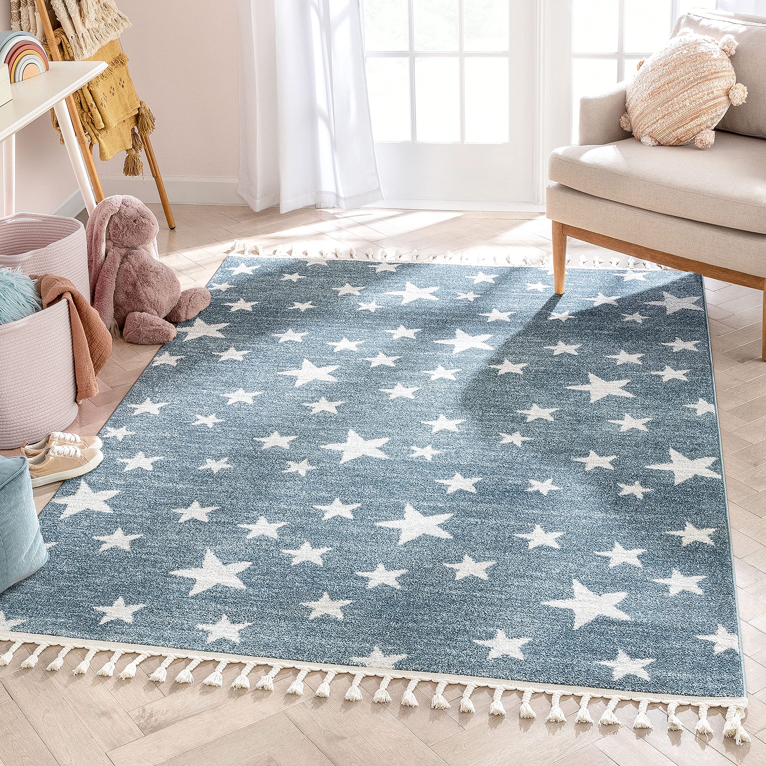 Well Woven Kosme Blue Geometric Star Pattern Stain-Resistant Area Rug 3x5 (3'11" x 5'3")