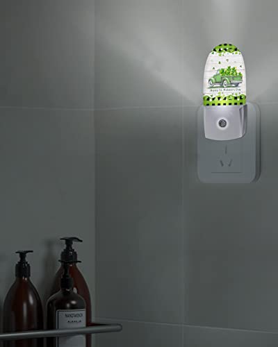 St. Patrick's Day Night Light, LED Plug in Night Light, Green Buffalo Plaid Truck Lucky Clover Gold on Wood Night Lights with Dusk to Dawn Sensor Decorative Kids/Adults Nightlight for Bedroom Bathroom