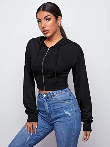WDIRARA Women's Drop Shoulder Zip Up Drawstring Hoodie Black M