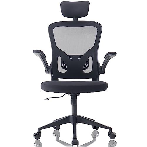 SUKIDA Office Chair with Headrest - Ergonomic Office Chair with Neck Support, Black Mesh Computer Desks Chairs Wheels Back Support Back Pain Comfortable Flip Up Arms Comfy for Home Bedroom