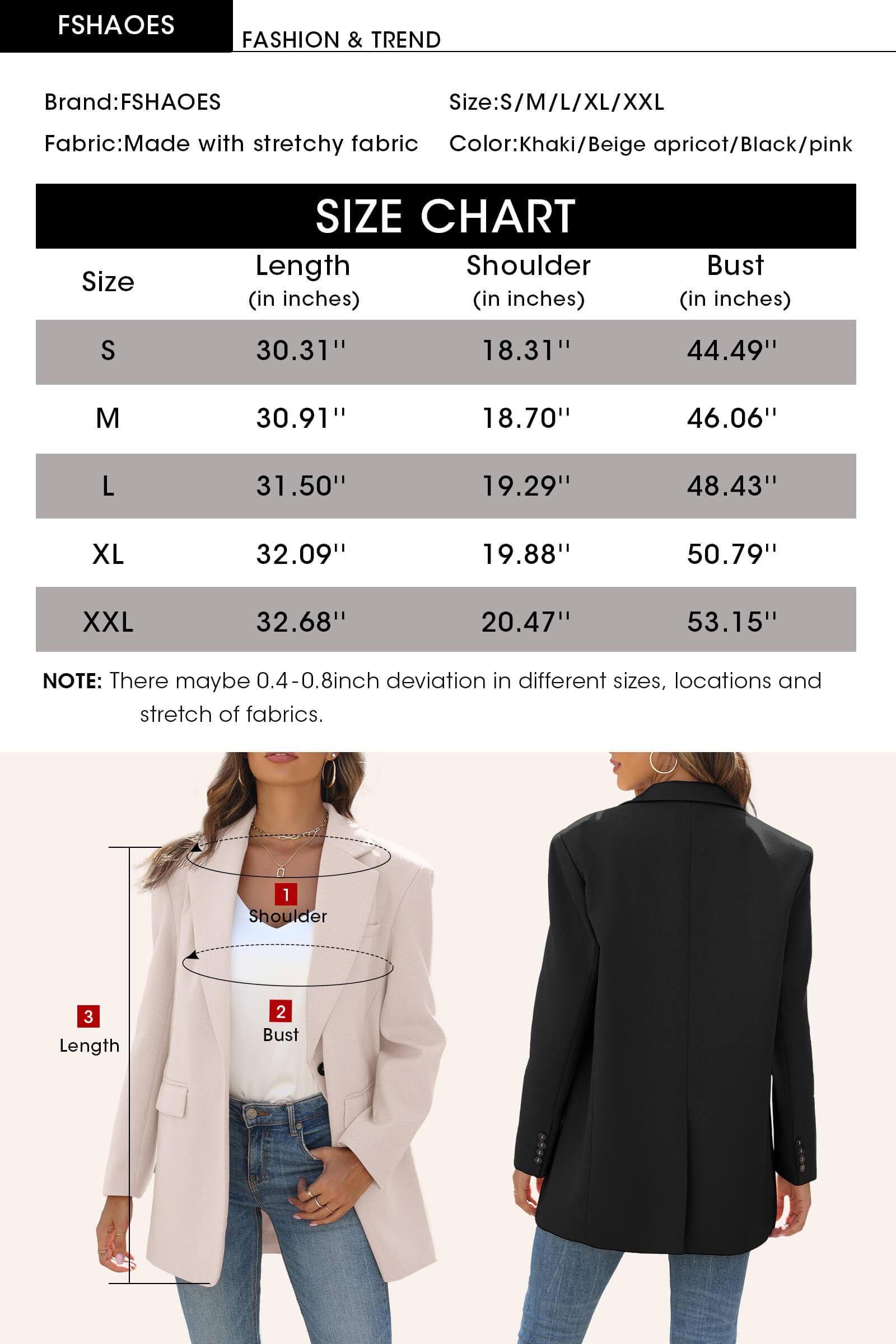 FSHAOES Women's Casual Lapel Coats Long Sleeve Oversized Solid Blazers Work Office Jacket Khaki