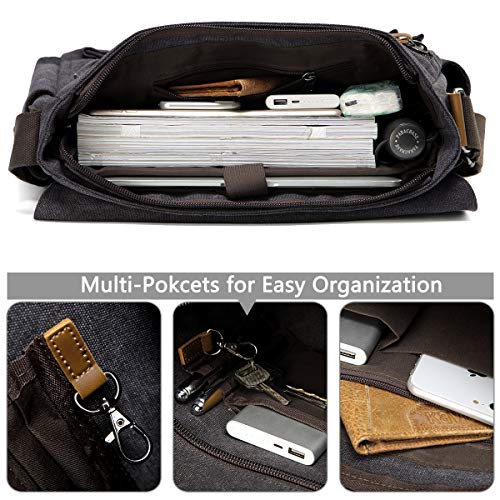 VASCHY Messenger Bag for Men, Vintage Water Resistant Waxed Canvas Satchel 15.6 inch Laptop Briefcase Shoulder Bag with Padded Shoulder Strap Gray