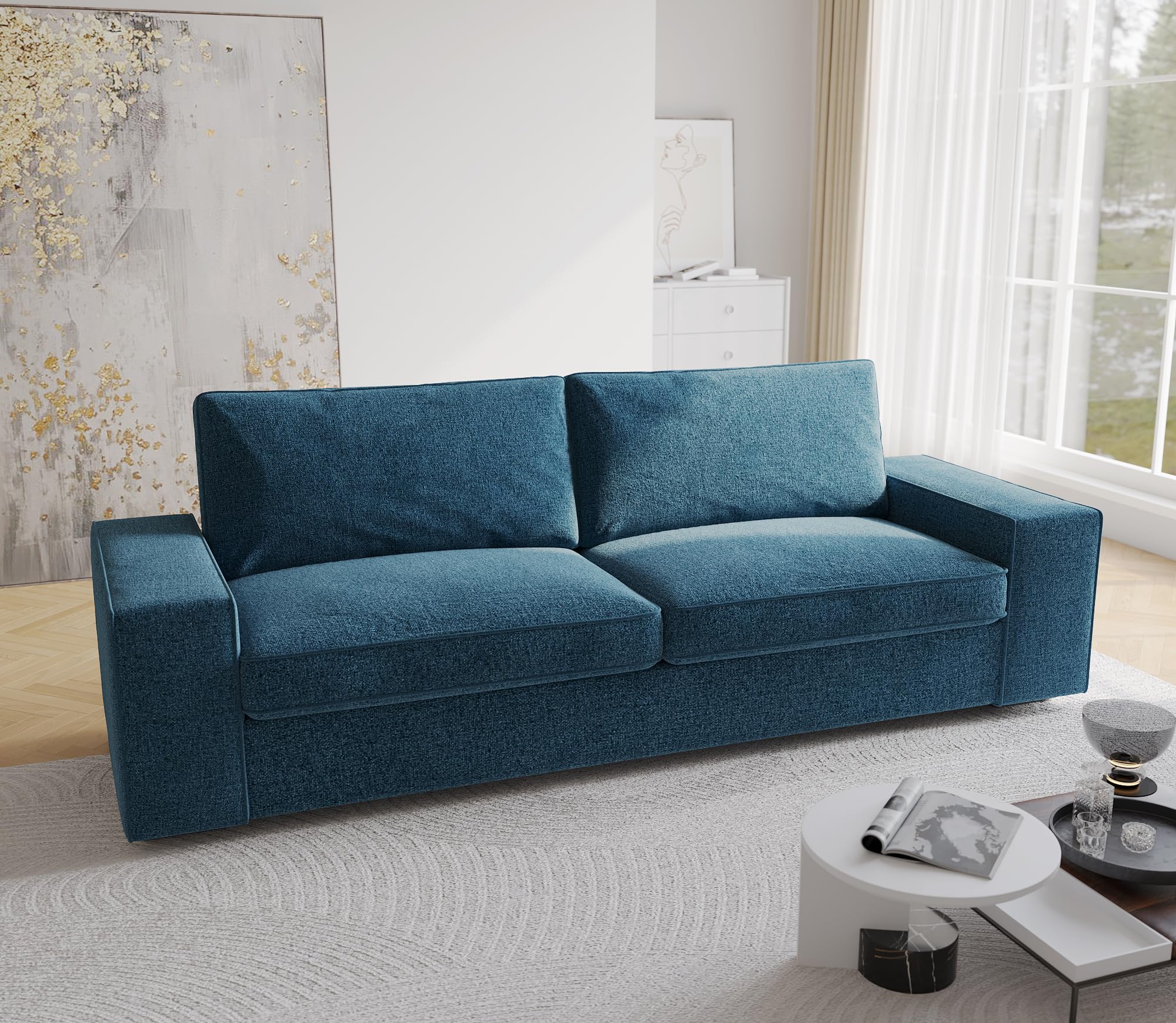 UIXE 80" Loveseat Sofa, Modern Love Seat Living Room 3-Seater Couches with Linen Fabric Cushion, Mid Century Upholstered Wide Track Armrest Couch Comfy Solid Wood Furniture for Bedroom, Blue