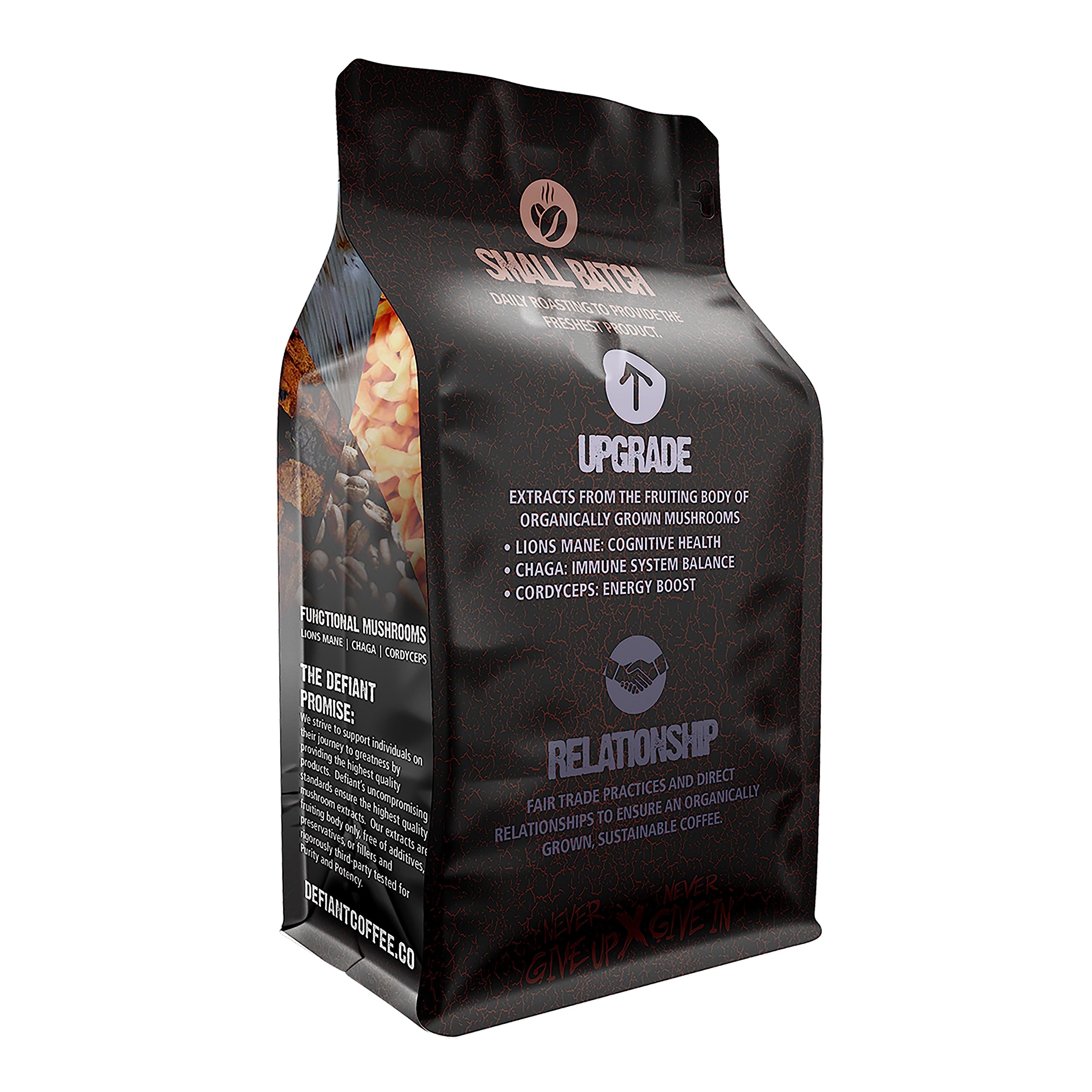 Ground Mushroom Infused Arabica Coffee by Defiant | Medium Roast, Fair Trade Gourmet Coffee with Lion's Mane, Cordyceps, & Chaga Musroom Powder | Endurance, Brain, & Immune Function, 12oz Bag