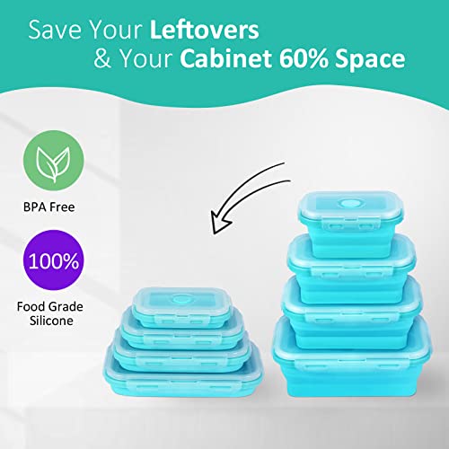 Silicone Lunch Box, Heebyoo 4 Pack Collapsible Food Storage Containers with Lids, Bento Lunch Boxes, Leftover Meal box For Kitchen, BPA Free, Microwave and Freezer Safe, Foldable Thin box Design