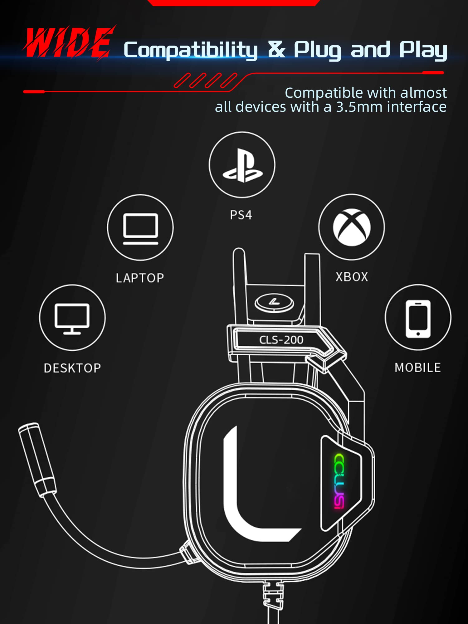 Gaming Headset for PS4, PC Gaming Headphone with RGB Streamer Gradient Headband and Noise Reduction Mic, 7.1 Surround Sound Suspended Wired Headsets for PS5, PC, PS4, iMac, Laptop