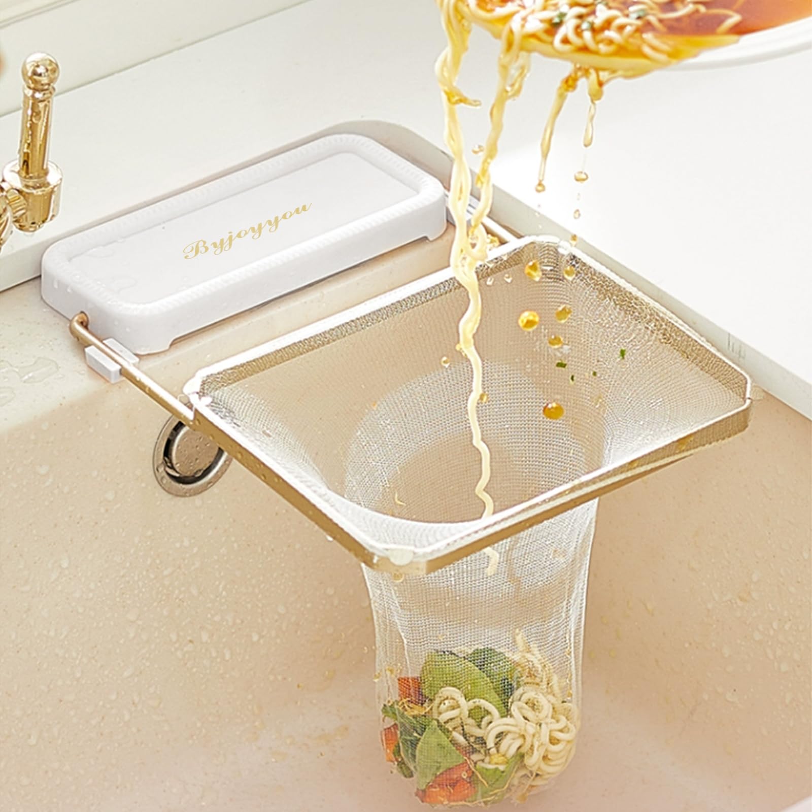 Sink Hanging Drain Basket Stainless Steel Corner Sink Strainer Basket Holder with 50 Pcs Filter Mesh Strainer Kitchen Sink Food Catcher for Kitchen Leftover
