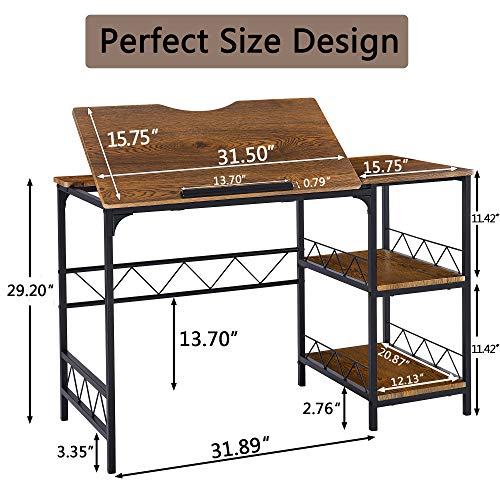HOMBAZAAR Home Office Desk, Industrial Computer Desk with Storage Shelf, Large Writing Drawing Desk Craft Workstation with Tiltable Tabletop for Artist, 47โโ Multifunctional PC Laptop Table, Brown