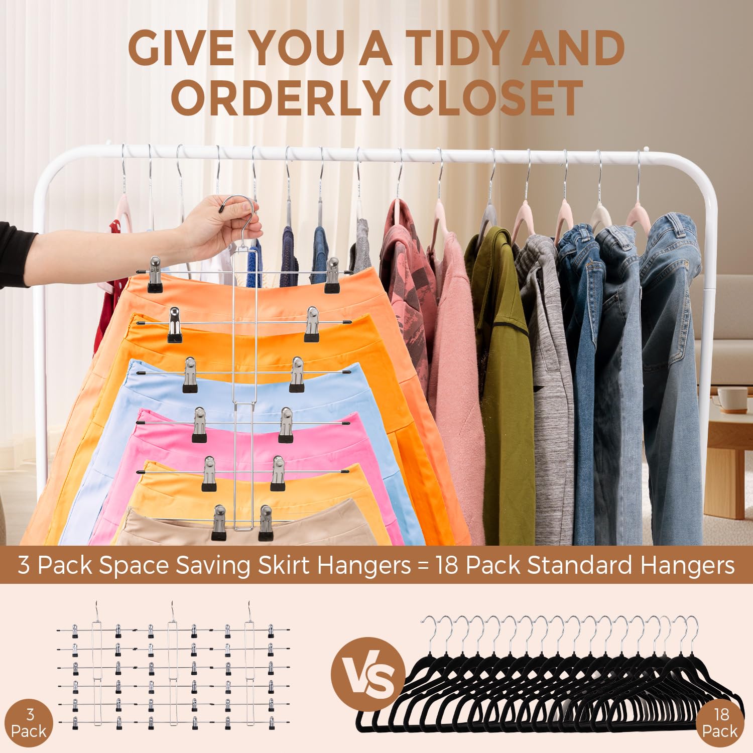 Tonswachic Pants Hangers with Clips - 6 Tiers Skirt Hangers - 3 Pack Pants Hangers Space Saving - Closet Organizer and Storage for Jeans Leggings Shorts (3 Pack with Extra One Purse Hanger Organizer)