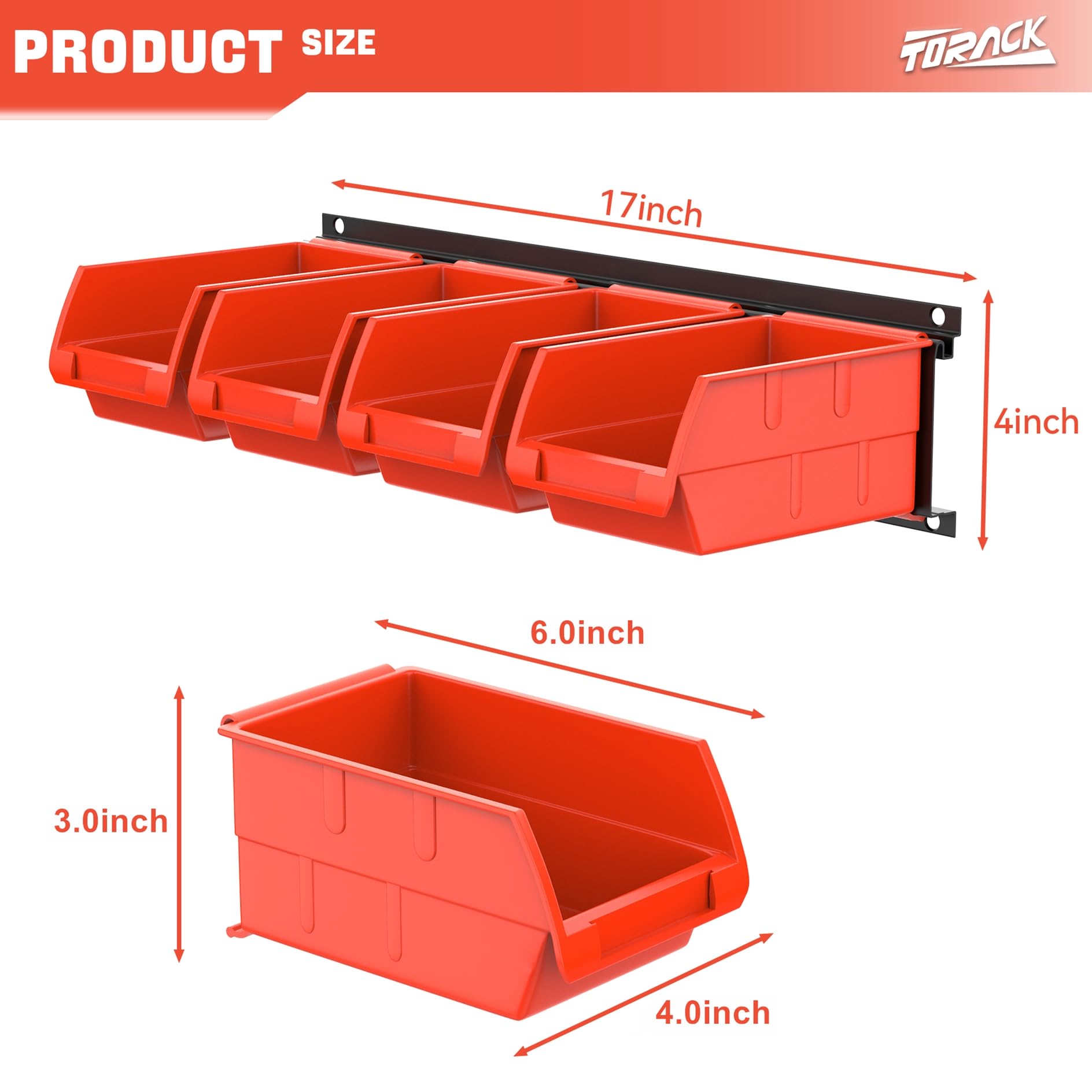 TORACK Wall-Mounted Storage Bins - 8 Plastic Bins & 2 Metal Tracks for Tools Organization in Garage, Craft Room, and Shop(Orange)