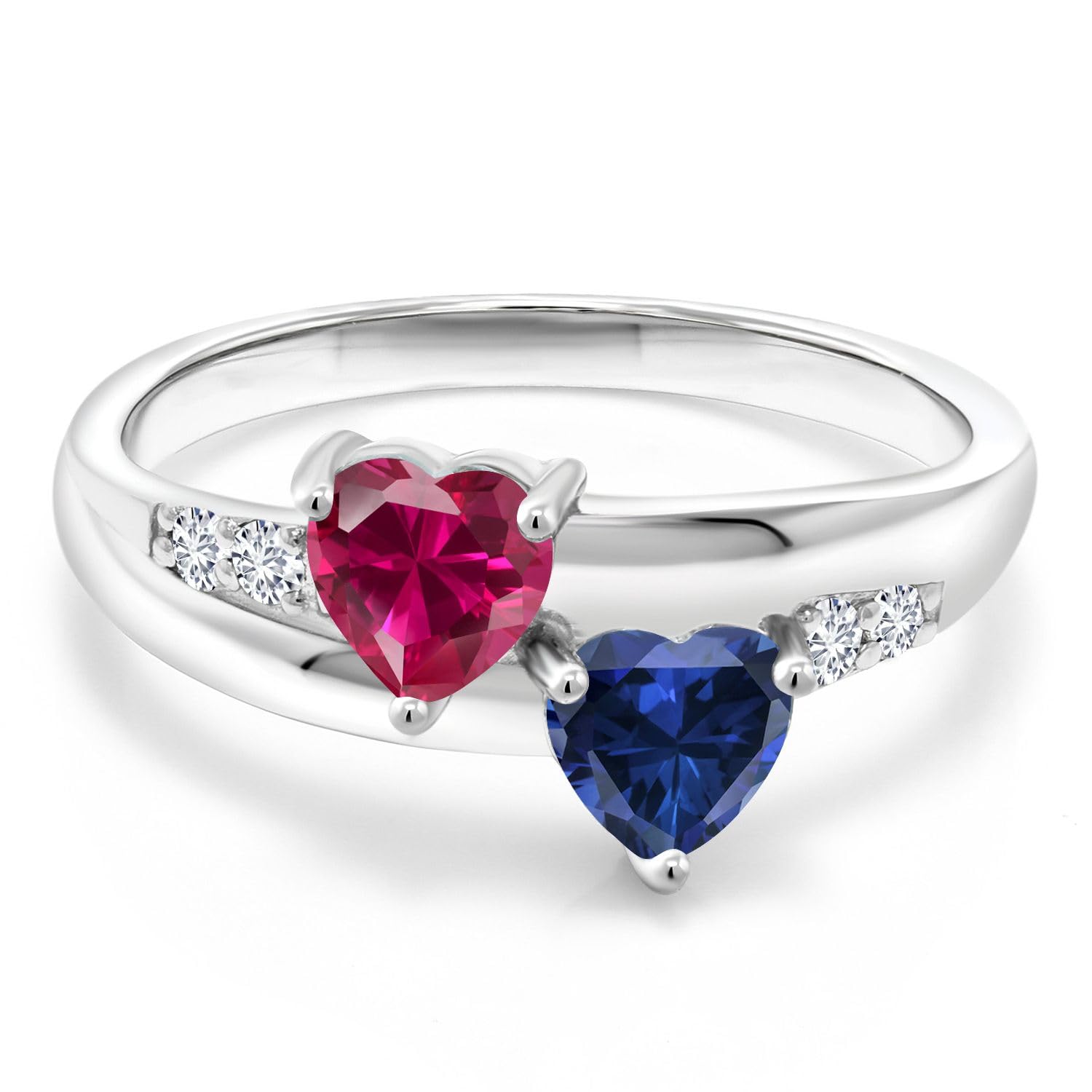 Gem Stone King 925 Sterling Silver Red Created Ruby Blue Created Sapphire and White Lab Grown Diamond Ring For Women (1.29 Cttw, Heart Shape 5MM, Available in size 5, 6, 7, 8, 9)