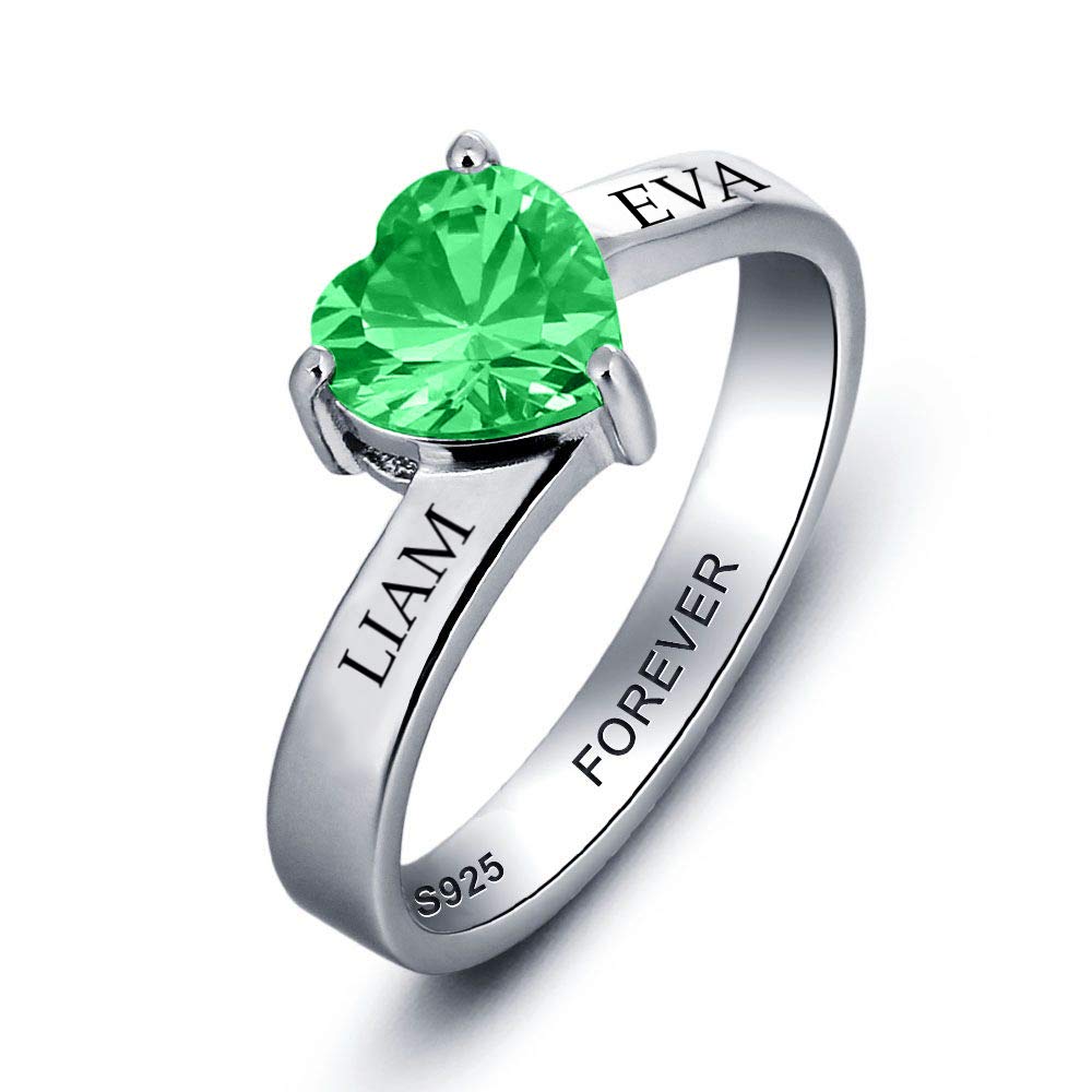 GLAMCARAT Personalized heart sterling silver ring mother’s jewelry with 1 birthstone heart shape engraved customized name birthstone ring with 1 stone