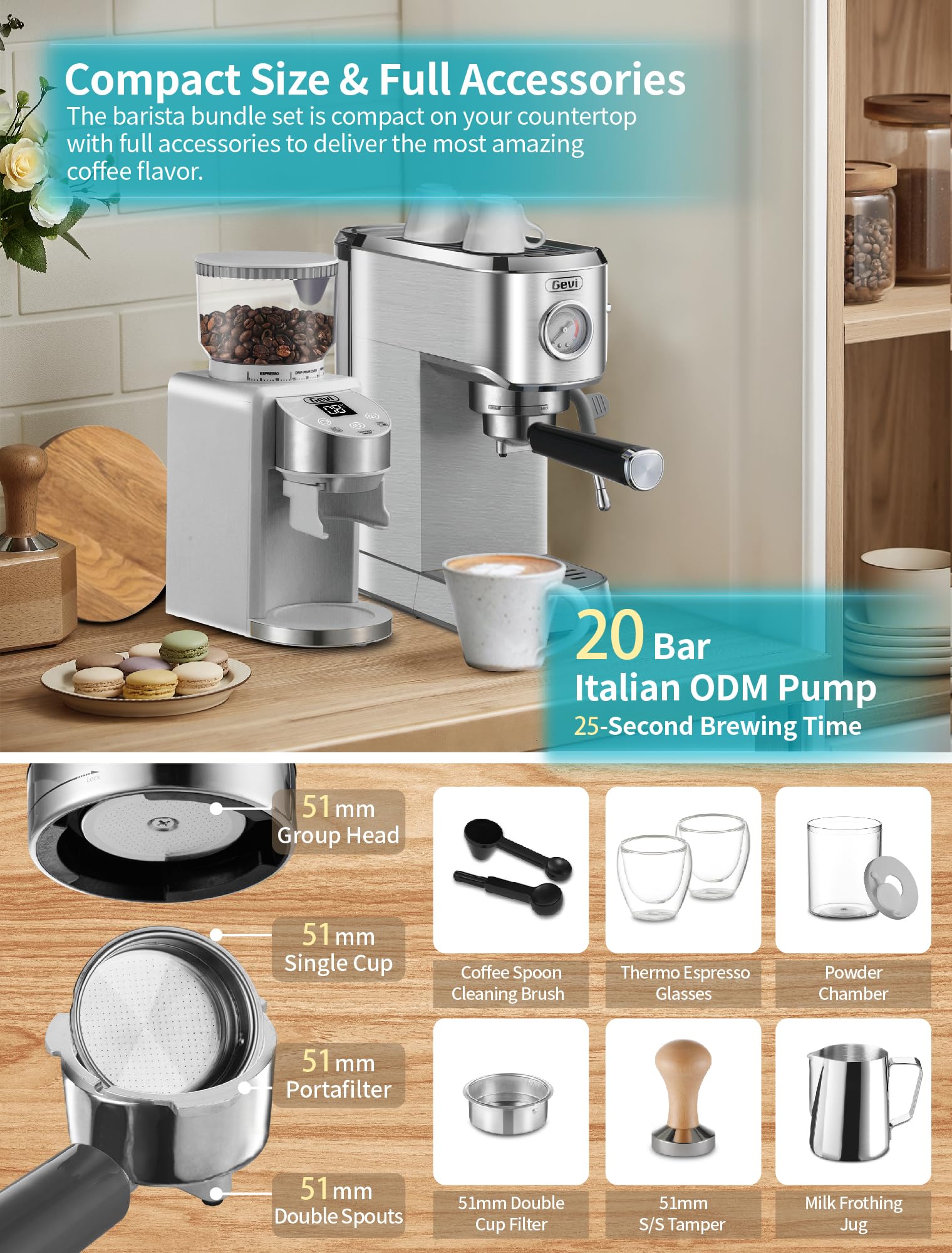 Gevi 20 Bar Professional Espresso Coffee Machine with Milk Frother/Steam Wand for Espresso, Latte and Cappuccino, with 35 Precise Grind Settings Burr Coffee Grinder