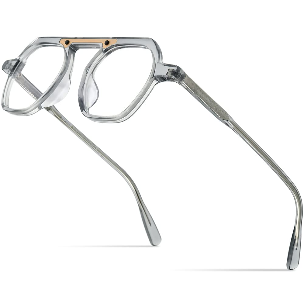 HEPIDEM Acetate Glasses Men,Vintage Retro Polygon Square Spectacles Myopia Optical Eyeglasses Frame (9174 Transparent Grey)