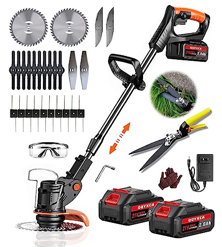 Weed Wacker - Cordless Weed Eater Battery Powered, with 5 Types Blades & Grass Shear, 21V 2.0Ah Brush Cutter, Lightweight Weed Wacker/Adjustable Length/Grass Trimmer/Edger Lawn Tool