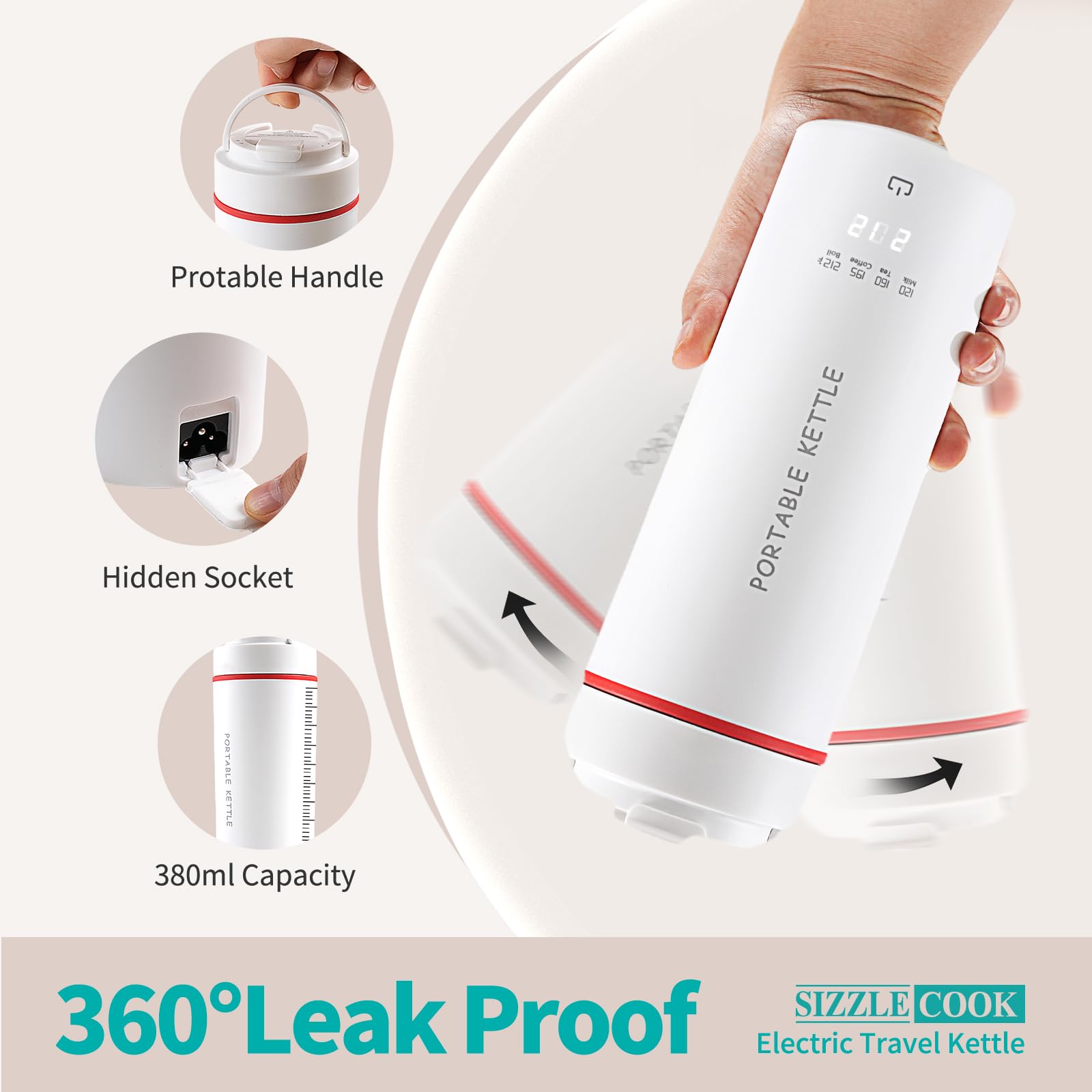 SizzleCook Electric Travel Kettle, Portable Tea Coffee Kettle Hot Water Boiler, 380ml Small Water Boiler with Temperature Control, Auto Shut-Off(with Large Carrying Bag)