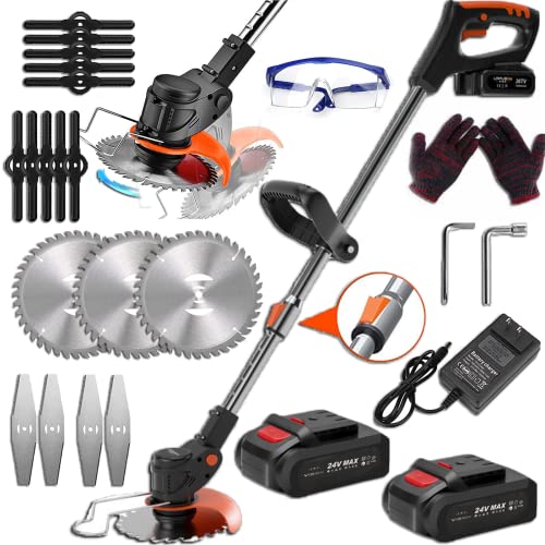 Weed Wacker Electric Cordless String Trimmer Weed Eater Grass Trimmer, with 3 Function Blades,Height Adjustable Lawn Edger Brush Cutter 2 Battery&Charger for Home Garden, Lawn, Yard(Black)