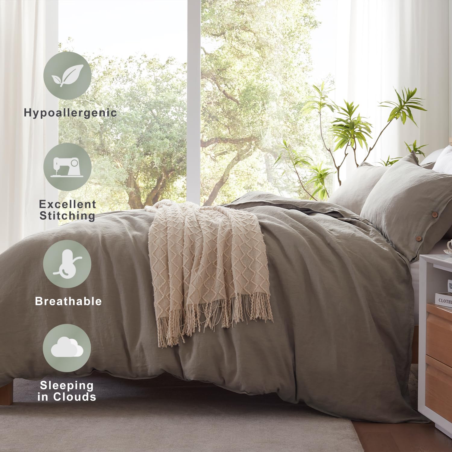 TOSMO 100% Linen Duvet Cover Set with Button Closure, 3 Pieces (1 Duvet Cover with 2 Pillowcases), Soft Breathable Durable Farmhouse Bedding - King, Taupe