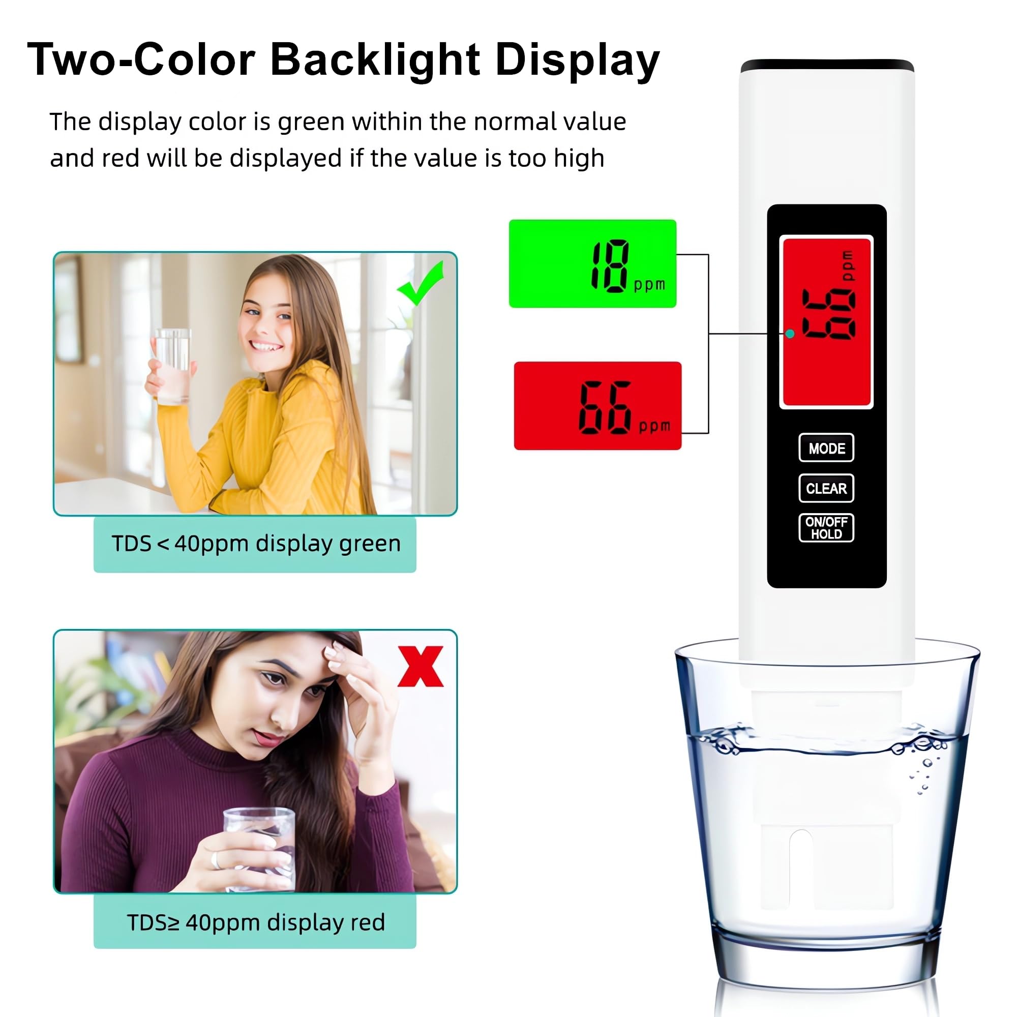 TDS Meter Digital Water Quality Tester,EC Meter & Temperature Meter 4 in 1,for Ro-Rodi System Drinking Water,Water Quality Tester 0-9990 PPM Measuring Range,1 PPM Increments(White)