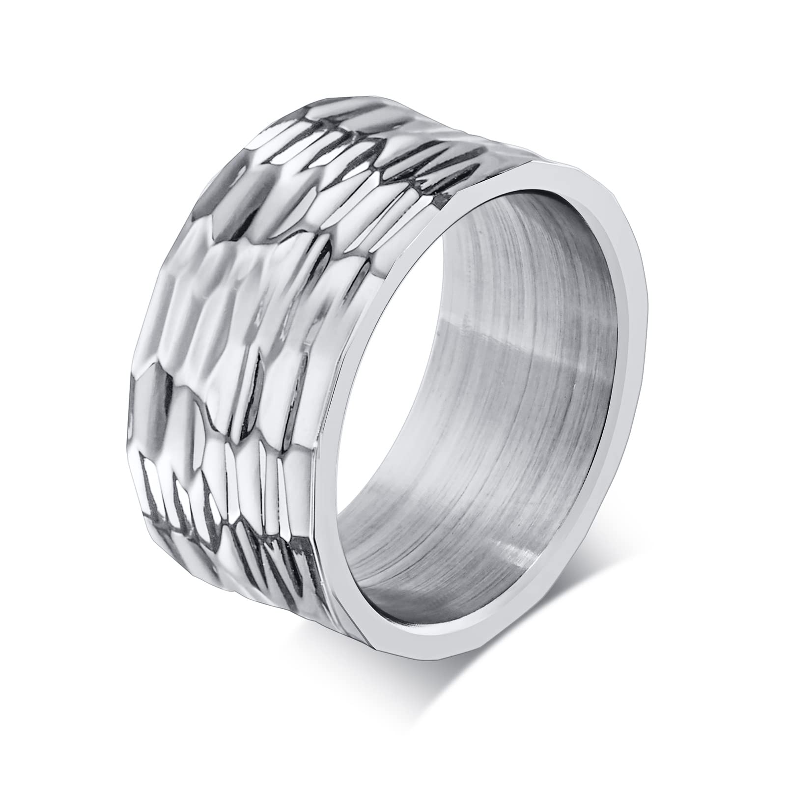 Gamtic Sliver Band Rings for Women - Stainless Steel Hammered Ring Size 9 Bright Chunky Wedding Bands 10MM Classical Simple Plain Rings for Men