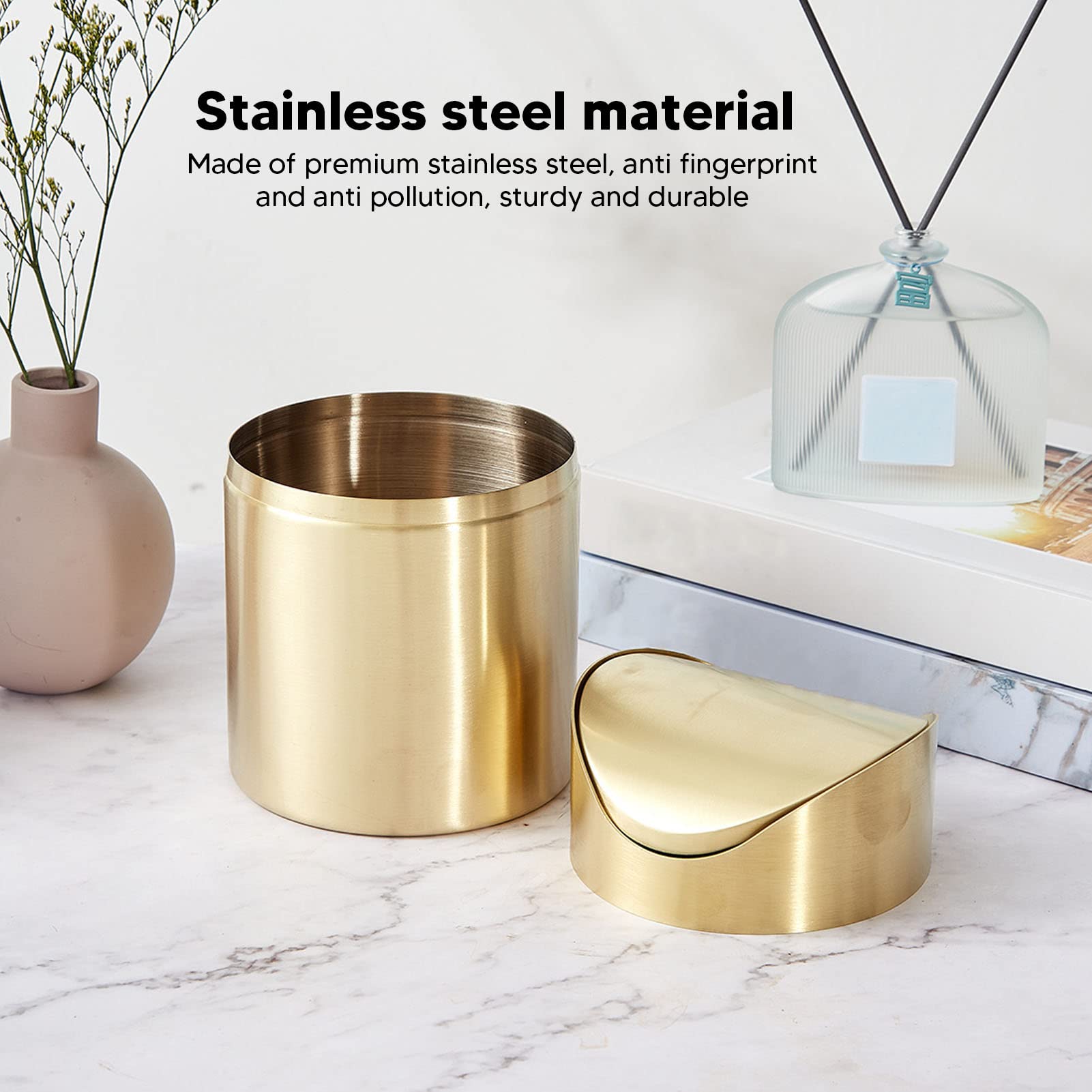Topyond Mini Trash Can, Small Metal Garbage Bin,Gold Desktop Trash Can for Office Countertop, Stylish Design, Boat Trash Can