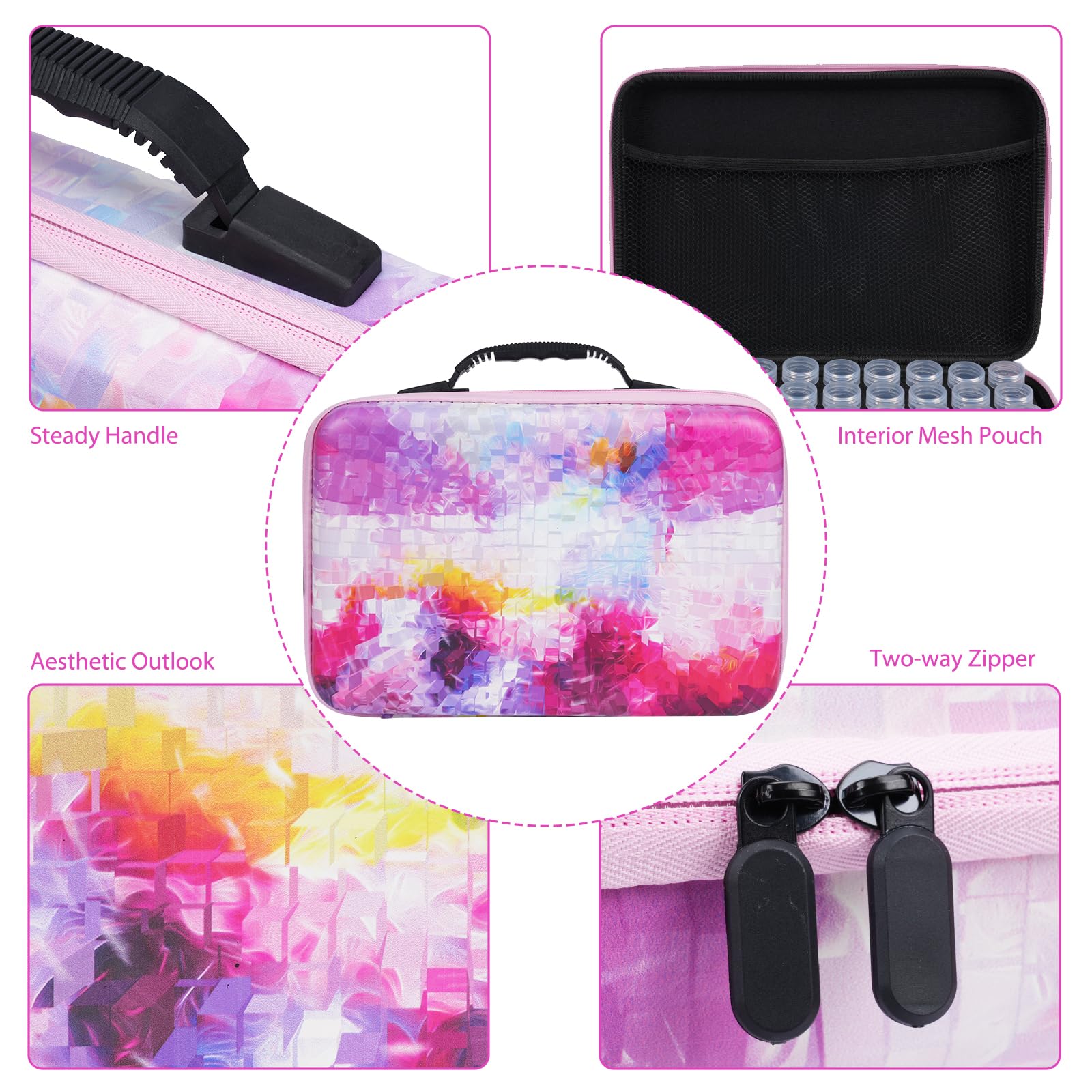 QUEFE 60 Slots Diamond Painting Storage Containers, Pink Diamond Art Accessories and Tools Kit Box with Shockproof Jars for DIY Diamond Art Craft Jewelry Bead Rhinestones Organizer