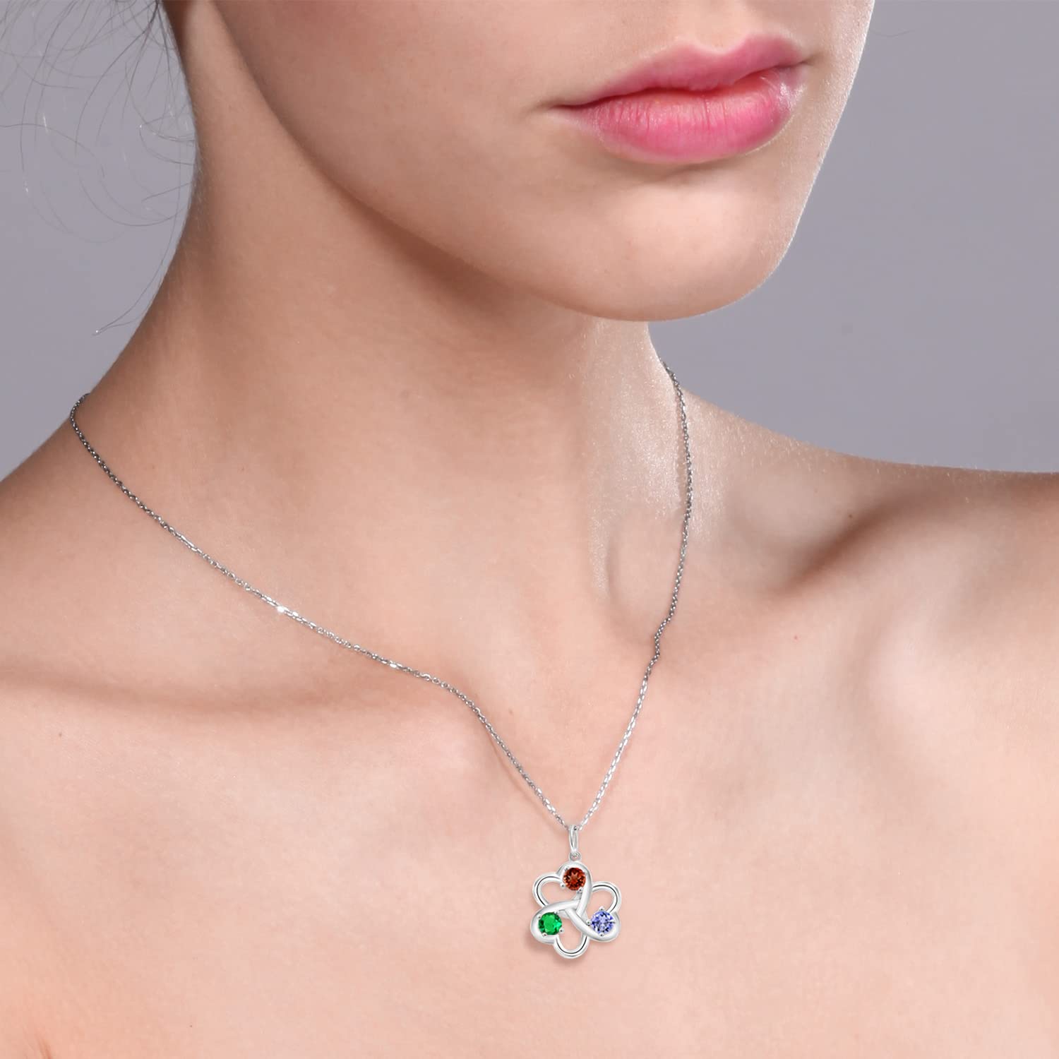 Gem Stone King 925 Sterling Silver 4MM Round Gemstone Birthstone 3 Hearts Interlock Pendant Necklace For Women with 18 Inch Silver Chain