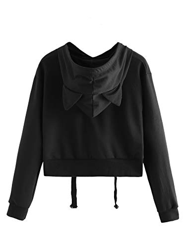 SweatyRocks Women's Long Sleeve Hoodie Crop Top Cat Print Pullover Sweatshirt Black#2 M