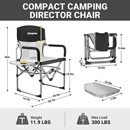 KingCamp Camping Director Chair for Adults Heavy Duty Folding Lawn for Outside with Side Table Mesh Back Padded Armrest for Outdoor Beach Backyard, Support 300 lbs, Black/Mediumgrey