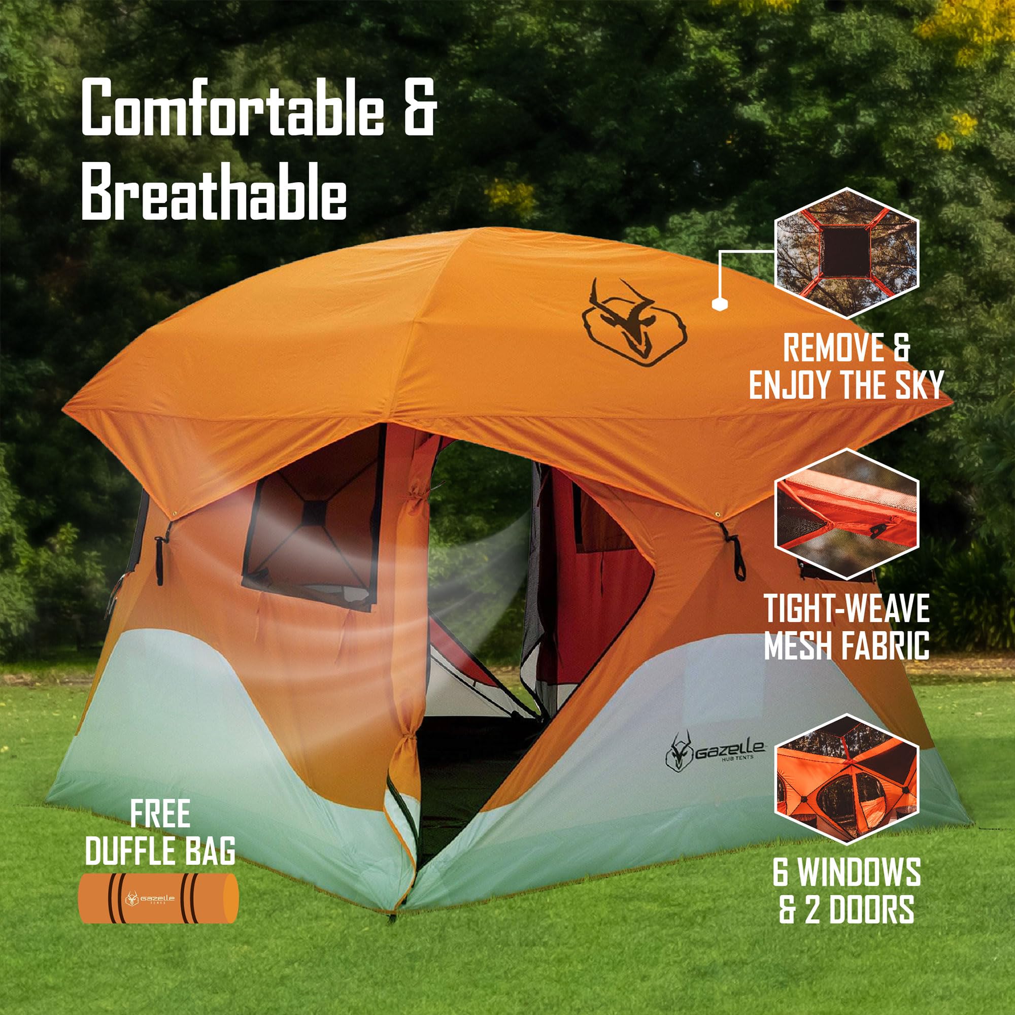 Gazelle T4 Waterproof 4 Person Portable Polyester Outdoor Pop Up Camping or Beach Tent with Removable Floor, Mesh Screens, and Rain Fly, Orange