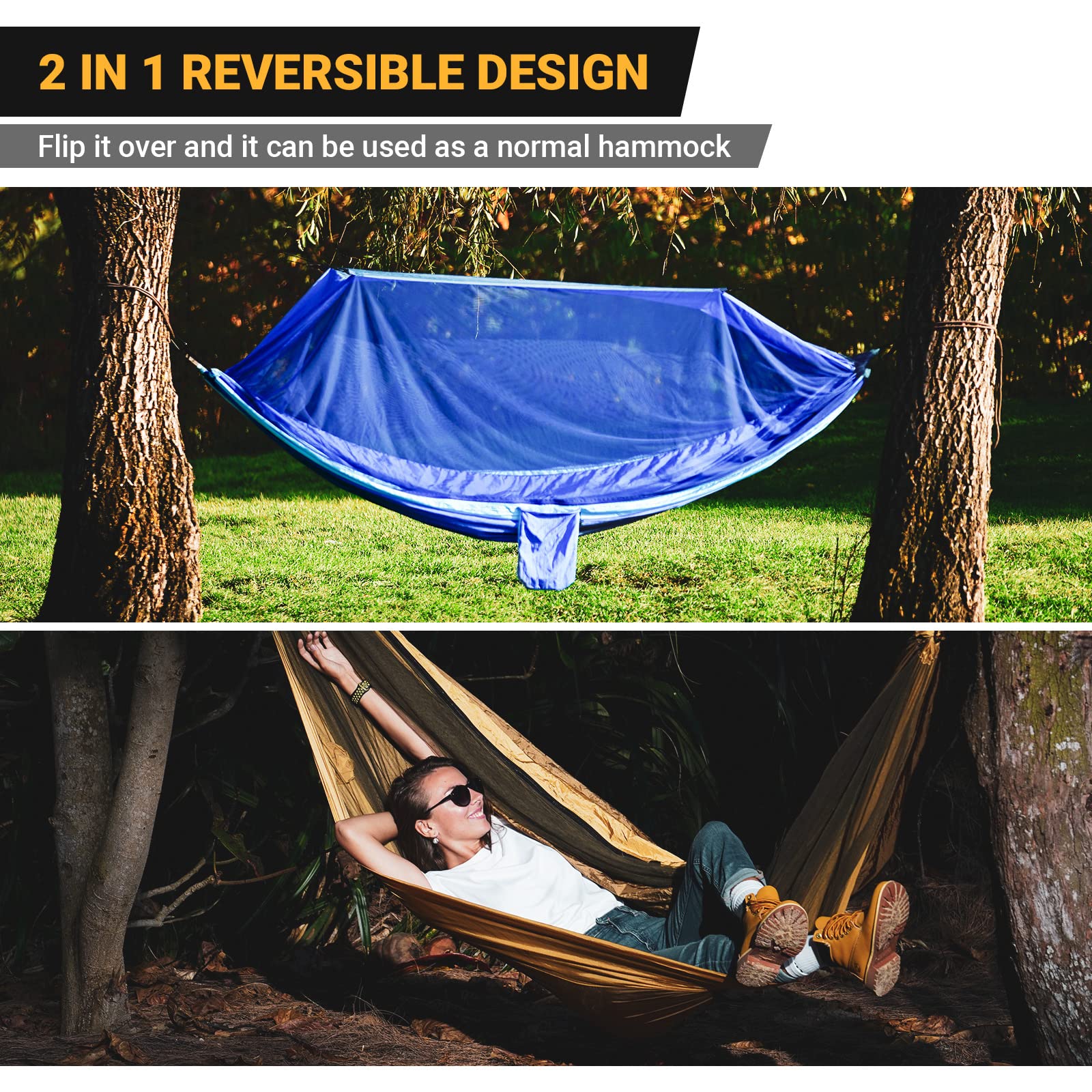 KingCamp Camping Hammock with Net, Double & Single Portable Hammock add Sunshade Cloth Lightweight Tree Hammocks for Outside Camping Travel Backpacking Backyard Support to 550lbs, Tree Straps (Black)