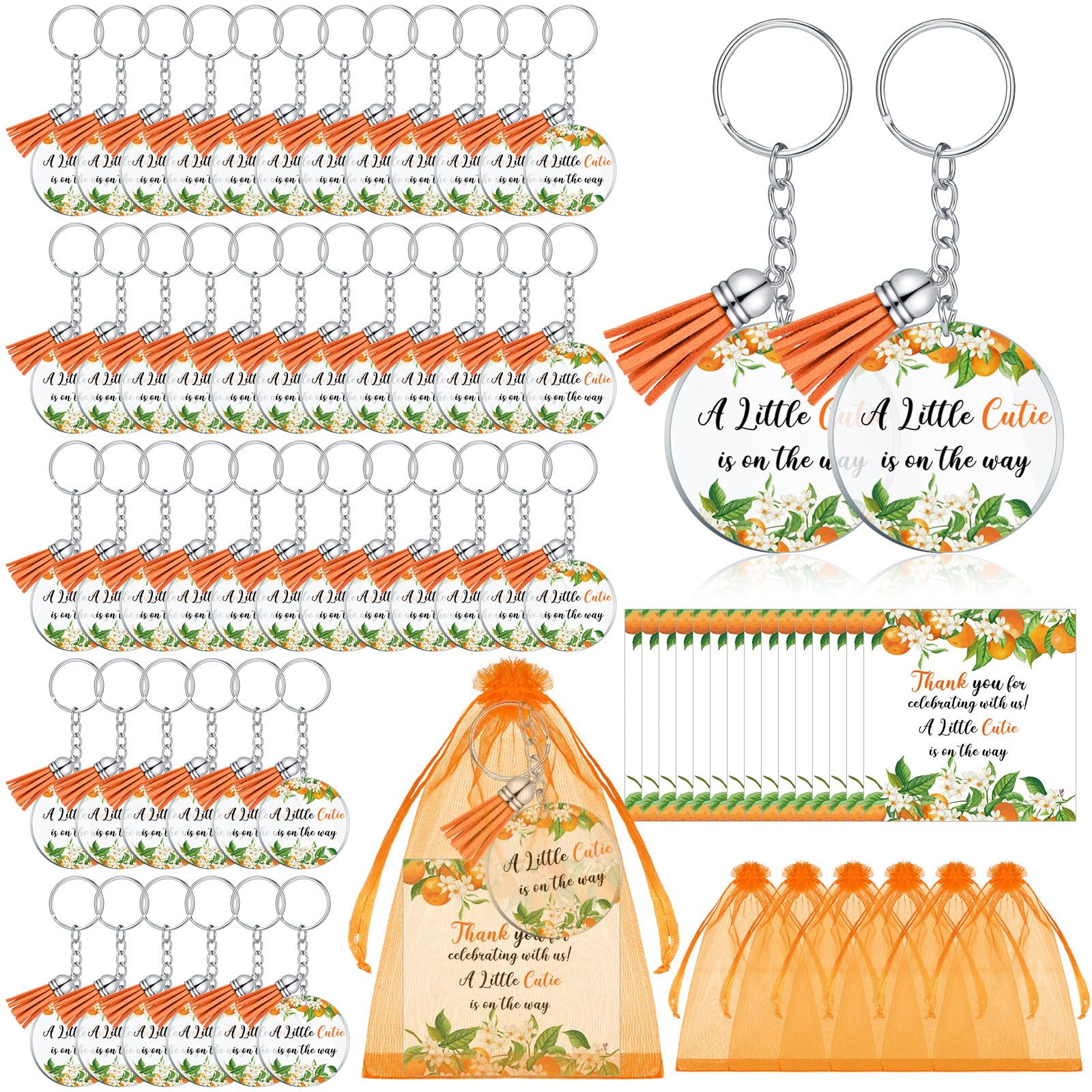 Quelay 48 Sets Little Cutie Baby Shower Party Favors with Orange Keychains Thank You Kraft Tags Orange Organza Bags for Gender Reveal Decorations Fruit Theme Birthday Party Supplies Gift for Guest