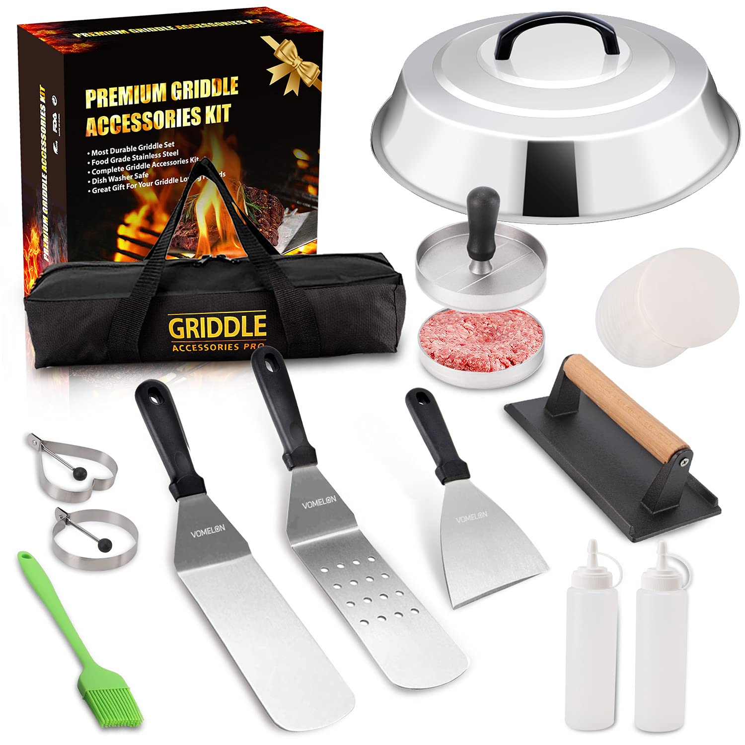 Griddle Accessories Kit, Flat Top Grill Accessories Set for Blackstone and Camp Chef with Basting Cover, Spatula, Scraper, Grill Press, Burger Press, Patty Papers, Carrying Bag for BBQ/Camping