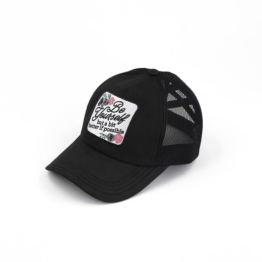 Funky Junque Criss Cross Hat Womens Baseball Cap Distressed Ponytail - Happy Camper - Black Camo