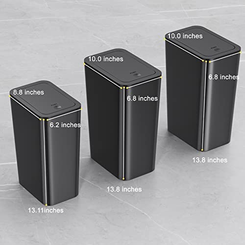NetDot Bathroom Trash Can with Lid 3 Pack Set, 2 Packs 3.4 Gal 13L Slim Kitchen Trash Can and 1 Pack 2.6Gal 10L Garbage Can, Small Trash Can/Trash Bin/Waste Basket for Bedroom (Black, Pack of 3)