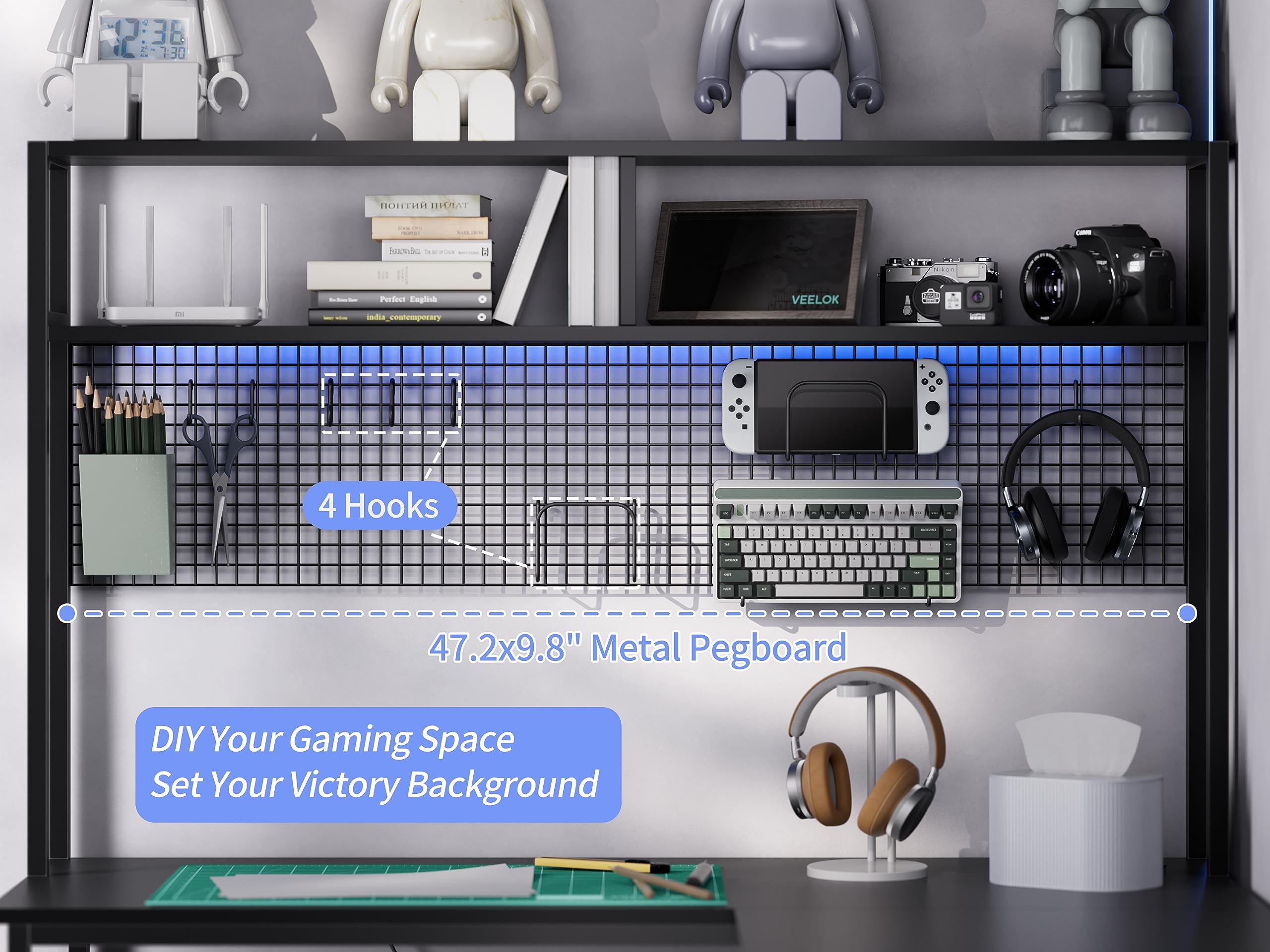 VEELOK 67 inch L Shaped Gaming Desk with Hutch Pegboard LED Lights, L Shape Desk for Home Office Bedroom