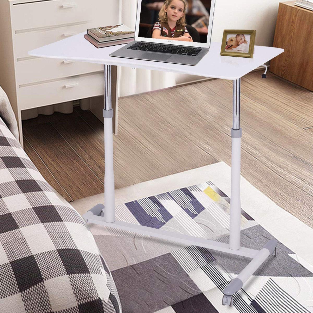 Home Office Bedroom Dorm Living Room Modern Furniture Decor Height Adjusting Compact Computer End Side Table Ergonomic Practical Sit to Stand Rolling Desk Sturdy White Wood Steel Tube Multipurpose
