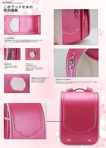 Ransel Randoseru Semi-Automatic Backpack Japanese School Bags for Kids Girls Senior PU Leather Large Capacity Light Weight Rain Cover(Pink)