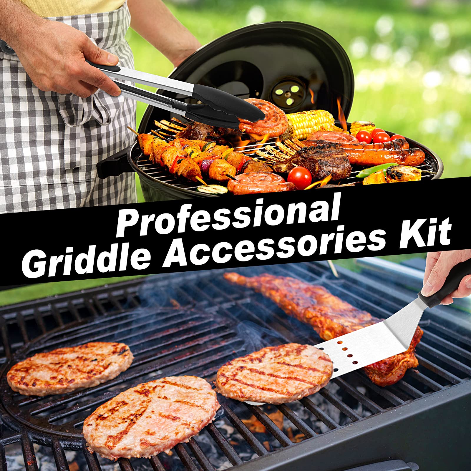 Griddle Accessories Kit - 15 PCS Griddle Grill Tools Set with Stainless Long Spatula Set, Basting Cover, Fork, Fish Turner, Chopper, Scraper, Grill Tongs, Perfect for BBQ and Camping