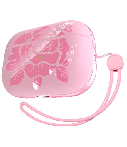 ROMSEA for AirPods Pro 2nd Generation Case Cover 2022, Rose Engraved Bling Floral Replacement Charging Case Cover for Women Shock-Absorbing Protective Case with Lanyard [Front LED Visible],Pink