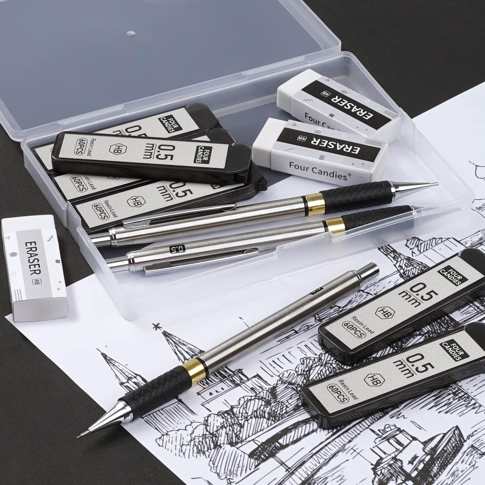 Four Candies Metal Mechanical Pencil Set - 3PCS 0.5mm Art Mechanical Pencils & 360PCS HB Lead Refills & 3PCS Erasers & 9PCS Eraser Refills, Drawing Mechanical Pencils for Writing, Sketching -With Case