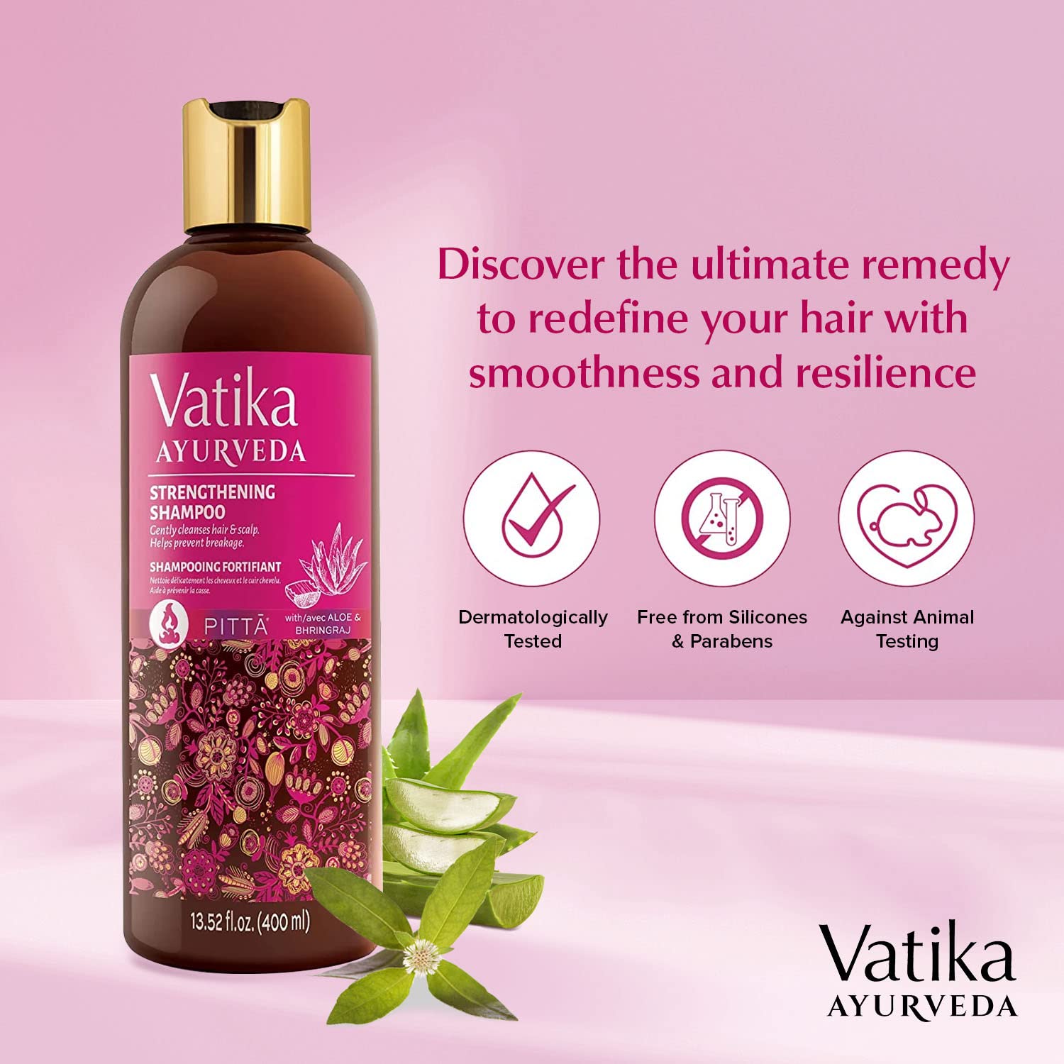 Vatika Ayurveda Strengthening Shampoo, Natural Deep Moisturizing, Hydrating Contains Aloe + False Daisy for Dry, Thin, Color Treated Hair, Long Hair, Split Ends & Strengthening Hair, 400ml (For Pitta)