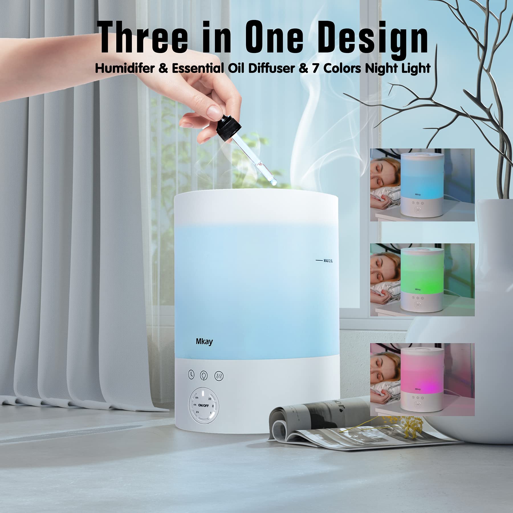Humidifiers for Bedroom Large Room: 2.5L Top Fill Cool Mist Humidifiers for Home Kids Baby Nursery with Night Light | Ultrasonic Air Humidifier with Essential Oil Diffuser 28dB Whisper Quiet Adjustable Mist Auto Shut Off 12-30H Run Time