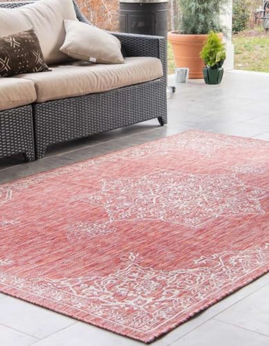 Unique Loom Outdoor Traditional Collection Area Rug - Antique (7' 10" x 10' Rectangle Rust Red/Ivory)