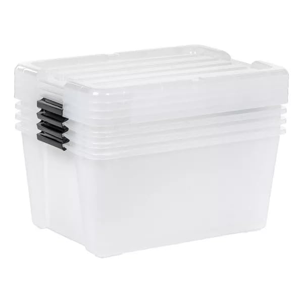 TENAS 45qt Plastic Storage Container Bin with Secure Lid and Latching Buckles, Stackable Storage Bin, Clear Base and Lid,Great for Storage and Organization (4-Pack) (Clear)