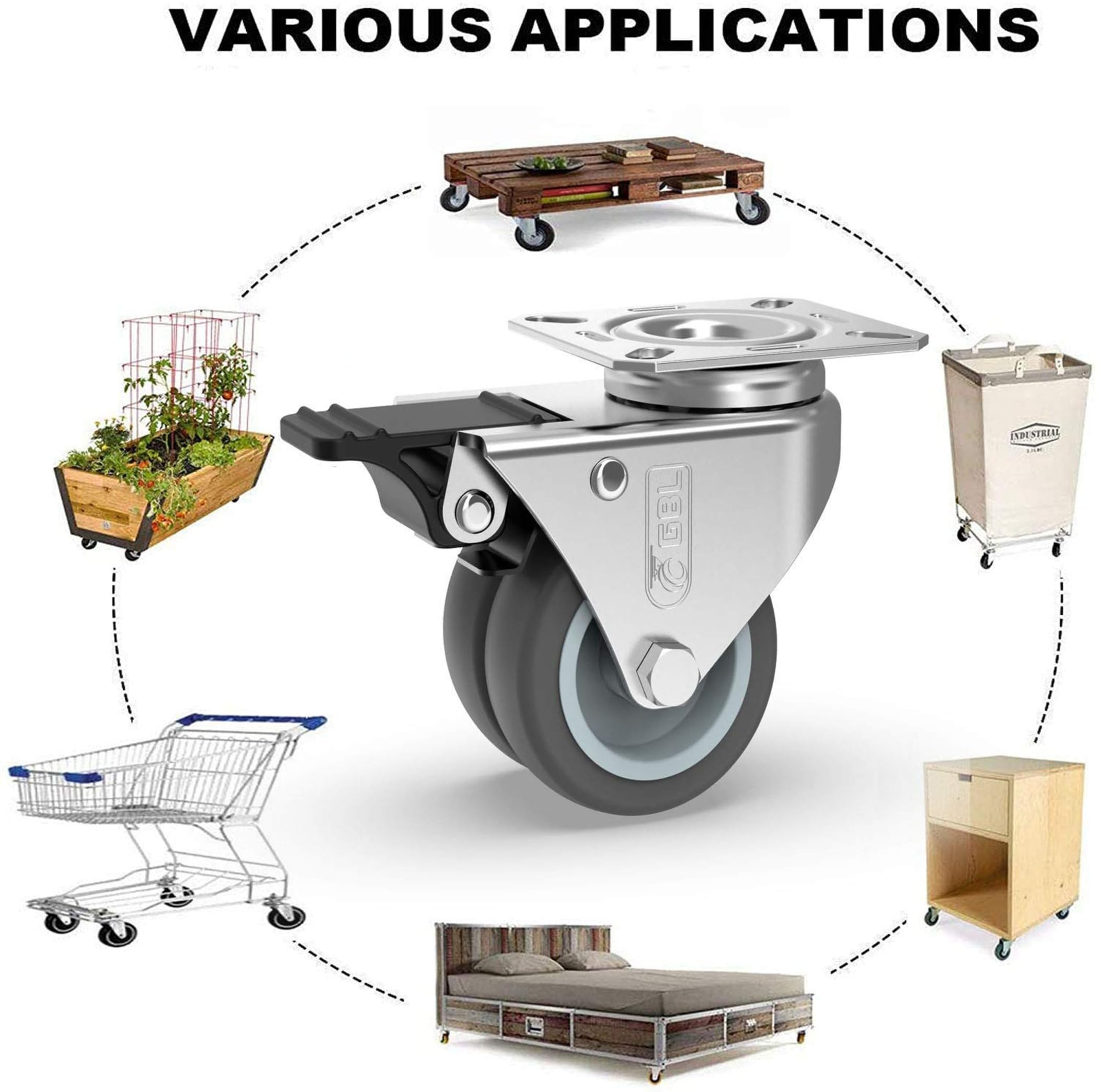 GBL 2 inch Casters Set of 4 Heavy Duty with 2 Locking Brakes + Screws - Up to 880Lbs - Swivel Caster Wheels - No Floor Marks Silent Plate Casters - Silver Castor