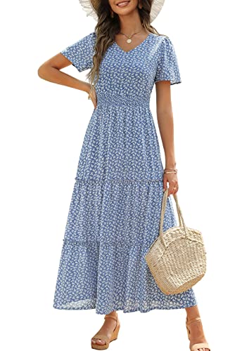 Zattcas Womens 2023 Summer Casual Long Dress Short Flutter Sleeve V Neck Smocked Waist Tiered Flowy Modest Floral Boho Maxi Dress Blue L